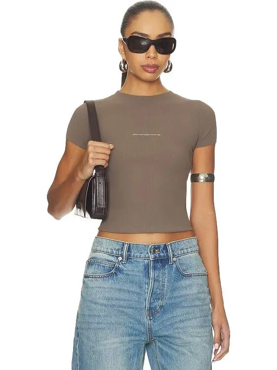 Alexander Wang Short Sleeve Crewneck Top With Jacquard Logo In Charcoal - Silver Mink