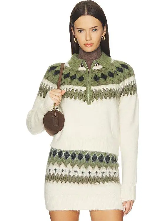 Susana Monaco Fair Isle Sweater Half Zip Sweater In Ivory - Chive