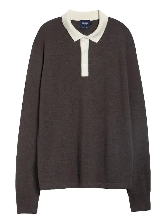 DRAKE'S Merino Wool Knit Rugby Shirt - Brown 300
