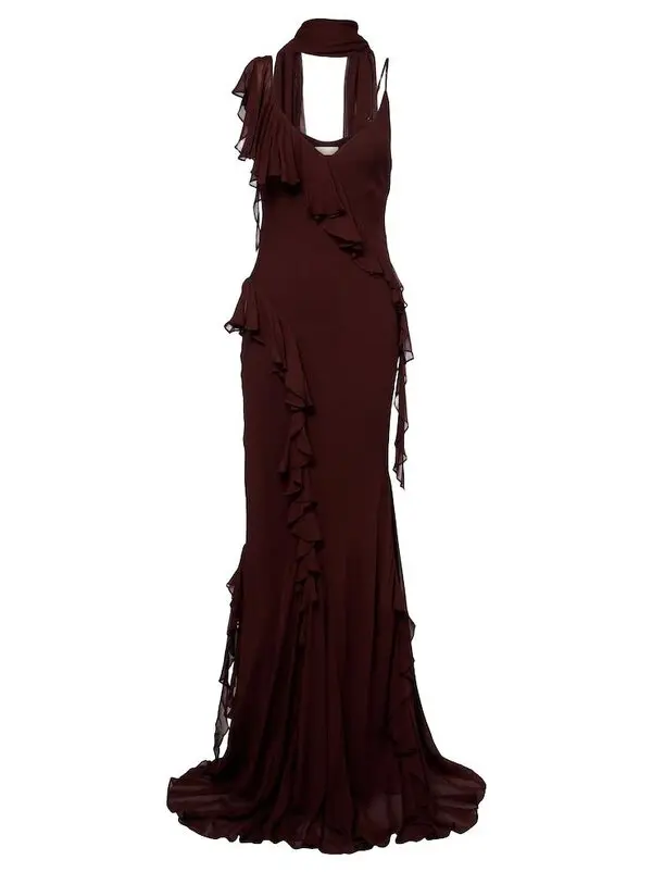DE LA VALI Mayara Ruffled Scarf-detail Georgette Gown - Brown