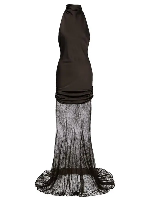 DE LA VALI Eldra Ruched Lace-trimmed Satin Maxi Dress - Brown
