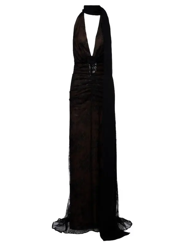 DE LA VALI Amora Gathered Open-back Lace Tulle Gown - Black