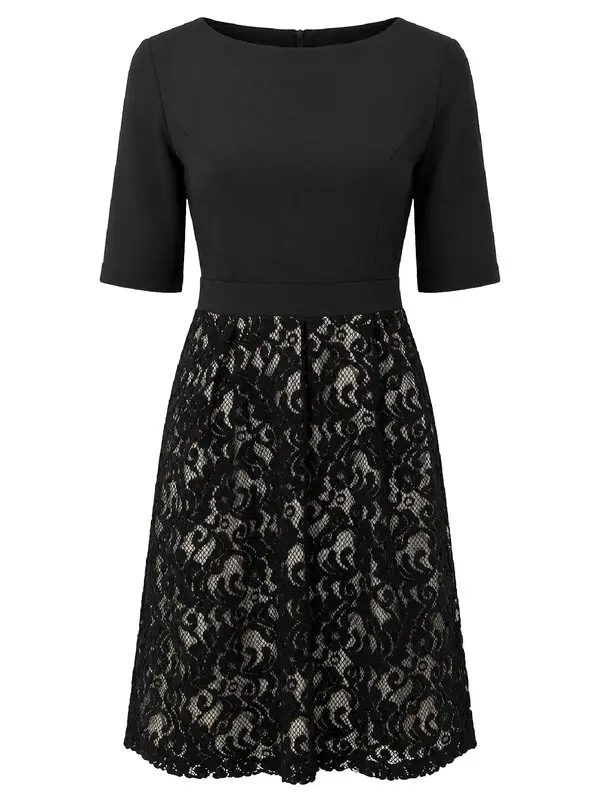 CONQUISTA Lace Panel Fit-and-flare Dress - Black