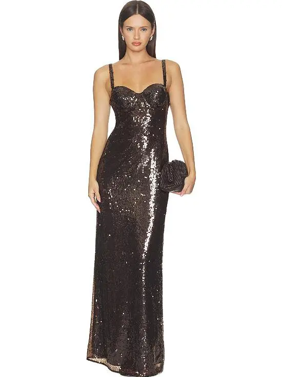 L'Agence Sayla Maxi Dress In Brown - Dark Java Sequins