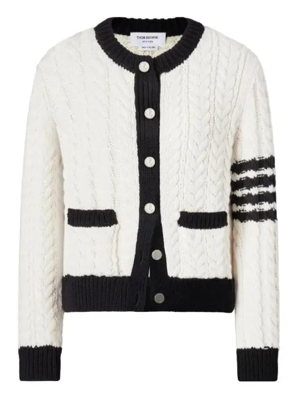 Thom Browne Merino-wool 4-bar Aran-cable Cardigan - White