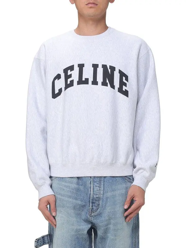 Celine Relaxed Fit Cotton Crewneck Sweatshirt With Contrast Logo - Grey