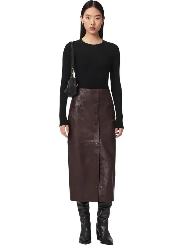 ALLSAINTS Rock Leather Midi Skirt - Red