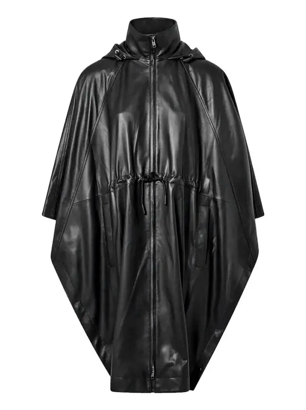 YVES SALOMON Leather Cape With Drawstring Waist - Black