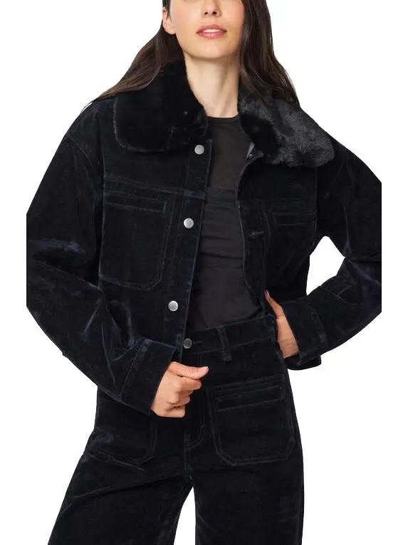 Habitual Faux Fur Collar Cropped Jacket - Navy