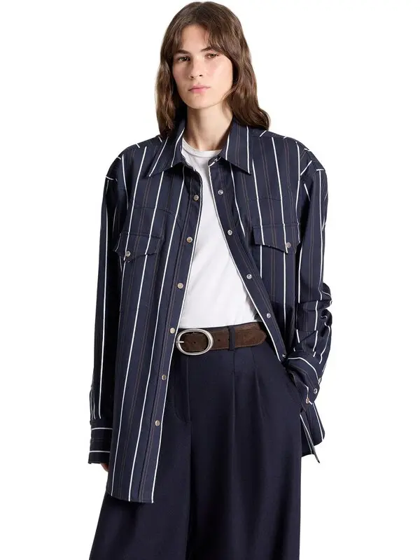 TWP Highway Shirt In Cotton Stripes - Midnight Multi