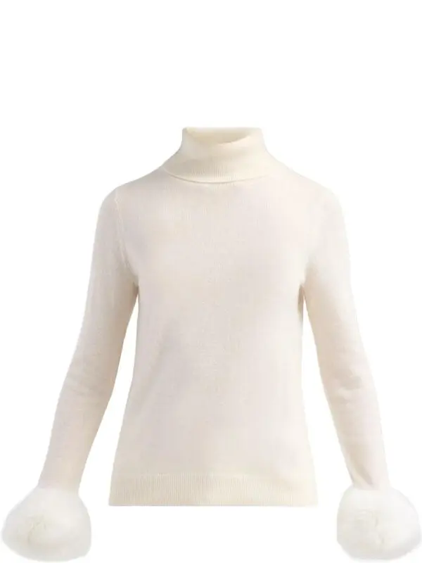 Sofia Cashmere Private Label Turtleneck Faux-feather-cuff Cashmere Sweater - Ivory