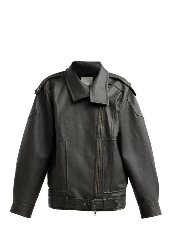 Vince Oversized Leather Biker Jacket - Deep Forest