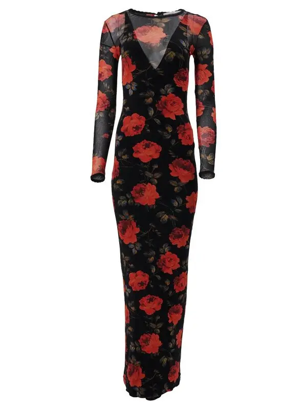 Carolina Herrera Rose-print Mesh Maxi Dress - Black Multi