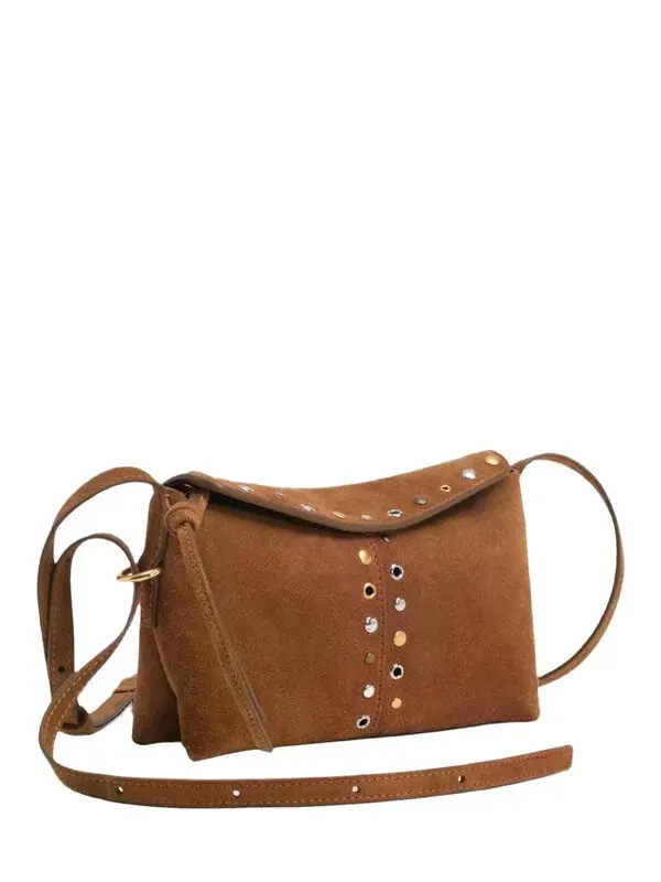 Bimba Y Lola Small Tobacco Suede Studded Flap Crossbody Bag - Brown
