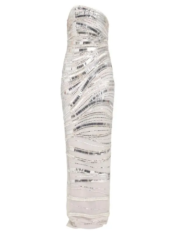 Pamella Roland Wave Beaded Tulle Strapless Column Gown - Silver