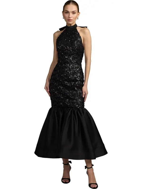 Mac Duggal Sequin Halter Bow Midi Dress - Black