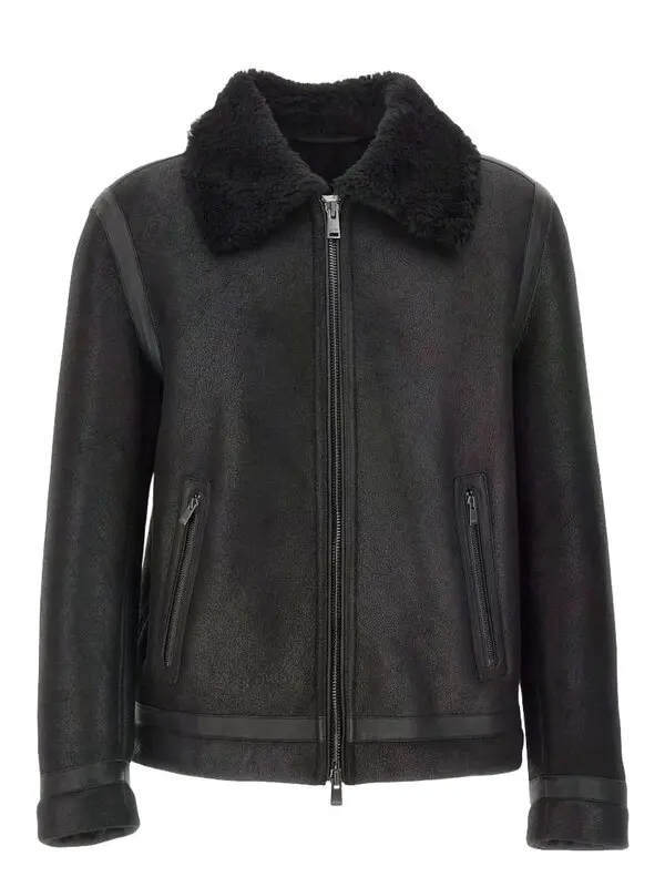 BOSS Grained Leather Jacket With Shearling Collar - Black