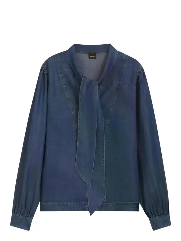 BOSS Denim-look Blouse With Scarf Detail - Blue