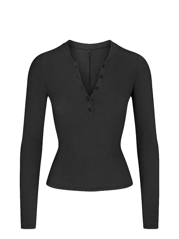 SKIMS Ribbed Cotton Blend Henley Top - Soot