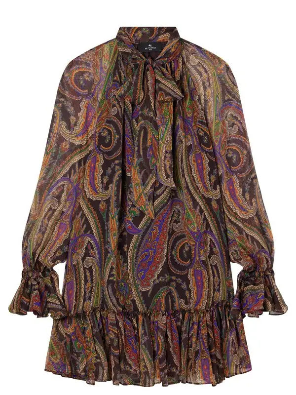 Etro Pussy-bow Gathered Paisley-print Silk-chiffon Mini Dress - Multi