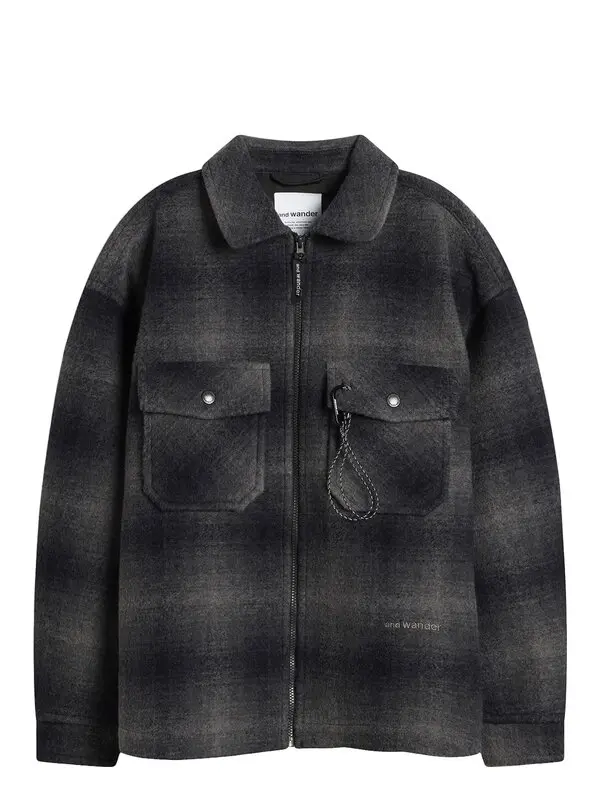 AND WANDER Wool Shaggy Check Zip Jacket - Charcoal