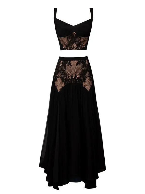 ALINA CERNATESCU Neutrals Davina Two-piece Black And Beige Silk Set With Eyelet-closure Corset Top - Beige/black