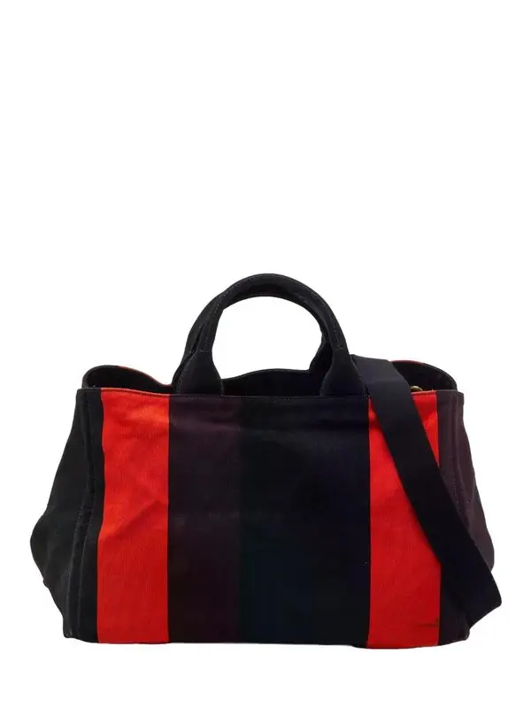 Prada Large Canapa Striped Tote Bag - Black