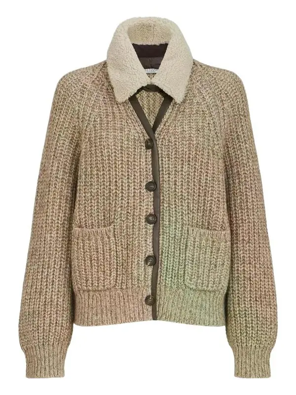 Brunello Cucinelli Cashmere Mohair And Wool English Rib Cardigan With Shearling Insert - Neutrals