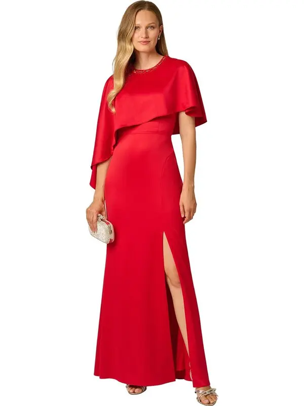Adrianna Papell Satin Beaded Collar Asymmetrical Cape Gown - Red