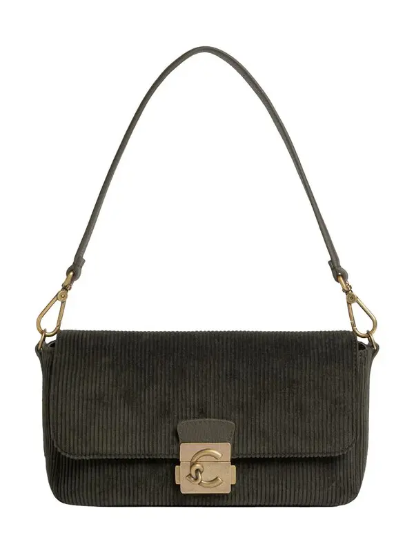 COCCINELLE C-me Lock Corduroy Velvet And Leather Shoulder Bag - Mud