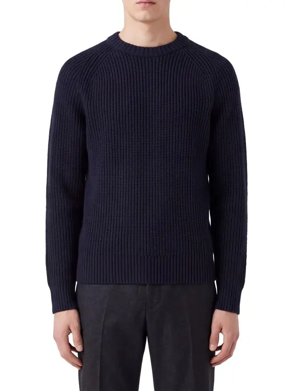 Closed Crewneck Jumper In Pure Wool With Long Sleeves And Ribbed Trims - Navy