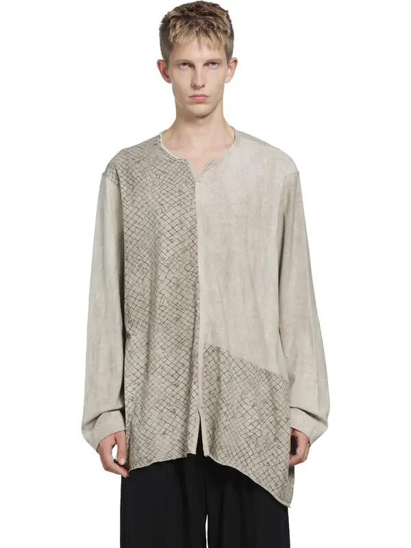 ZIGGY CHEN Screen Print V-neck Long Sleeve T-shirt - Beige
