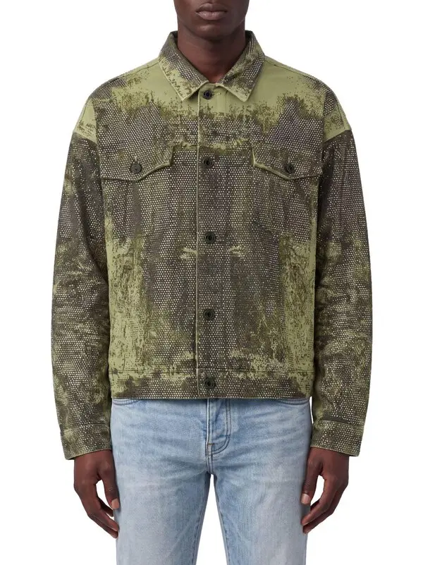PURPLE BRAND Studded Cotton Denim Jacket With Abstract Embroidery - Green