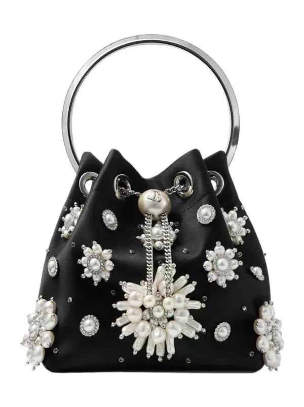 JIMMY CHOO Bon Bon Satin Bucket Bag With Floral Pearl Embroidery - Black