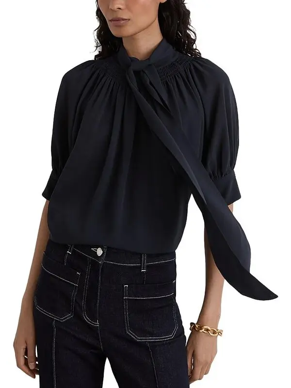 REISS Lerina Tie Neck Short Sleeve Top - Navy