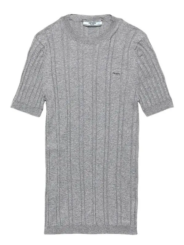 Prada Short Sleeved Ribbed Knit Cotton Sweater - Grey