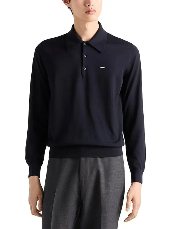 Prada Long-sleeved Superfine Wool Polo Sweater - Navy