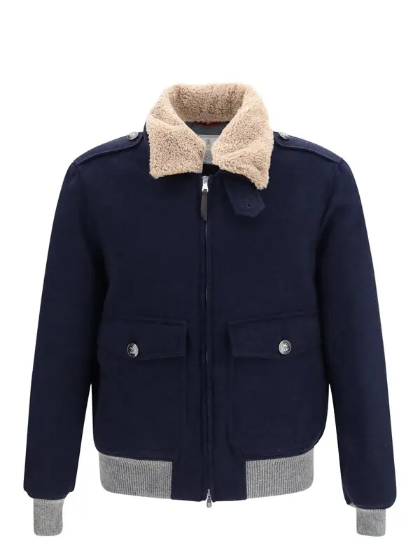 Brunello Cucinelli Cashmere Beaver Jacket With Shearling Collar - Blue