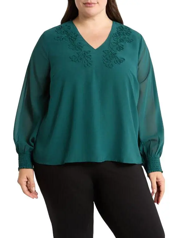Vince Camuto Soutache Embroidered Gauze Top - Deep Emerald
