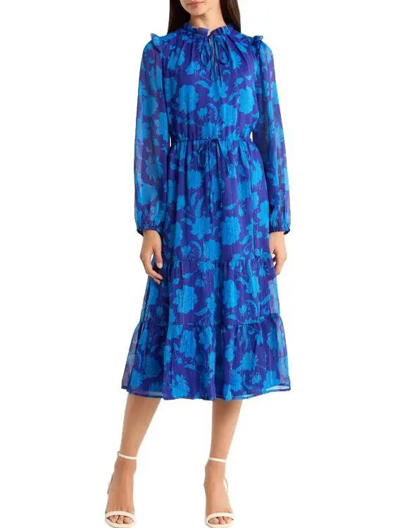 SUGARLIPS Kristen Balloon Sleeve Tiered Midi Dress - Navy-multi