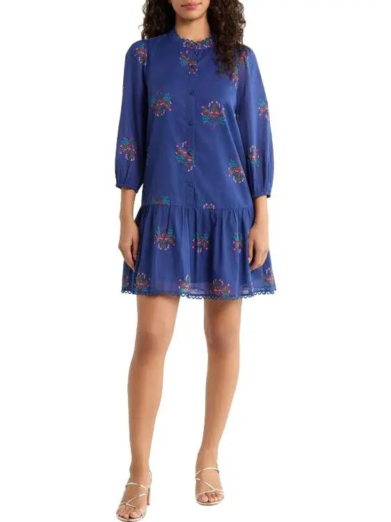 SUGARLIPS Yamila Floral Ruffle Drop Waist Cotton Minidress - Navy-multi