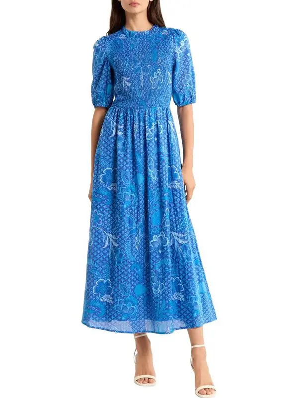 SUGARLIPS Berry Moonlight Smocked Cotton Maxi Dress - Blues-mult