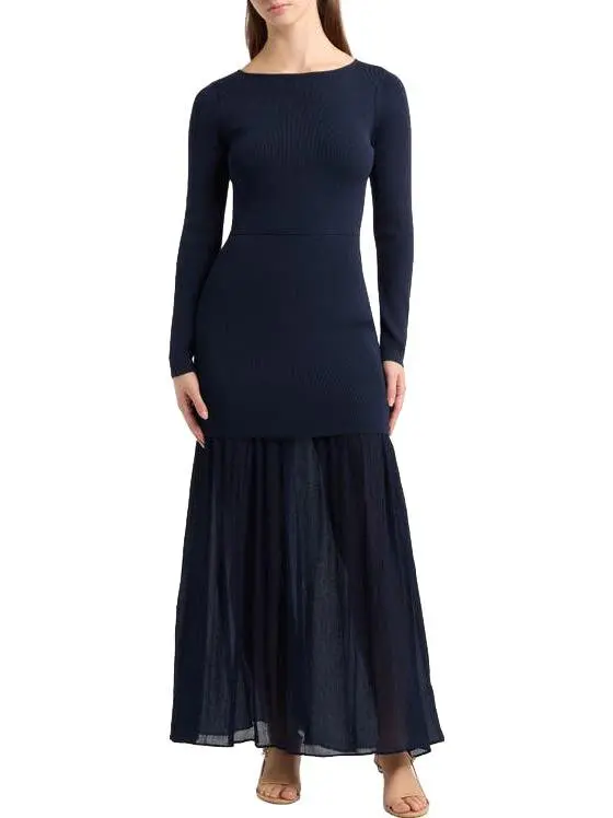 Line & Dot Gemma Mixed Media Maxi Dress - Navy