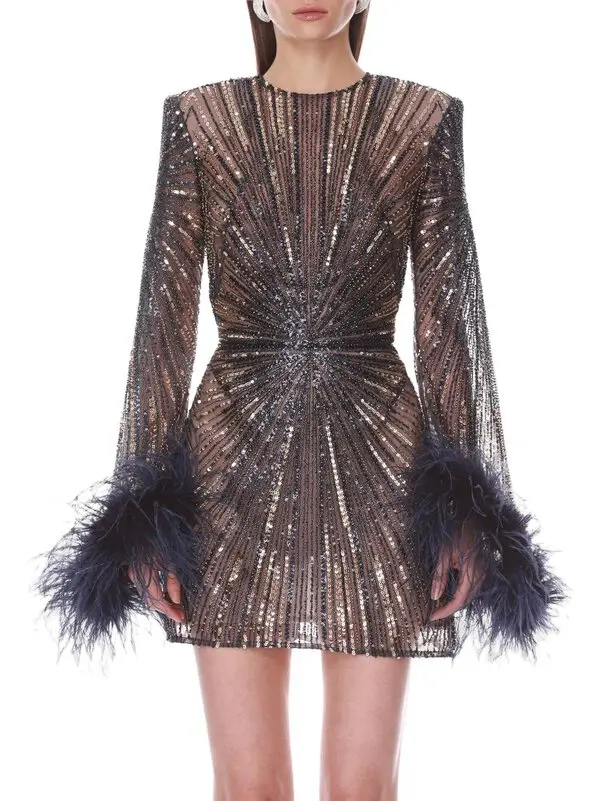 BRONX BANCO Embellished Feather-cuff Mini Dress - Navy Multi