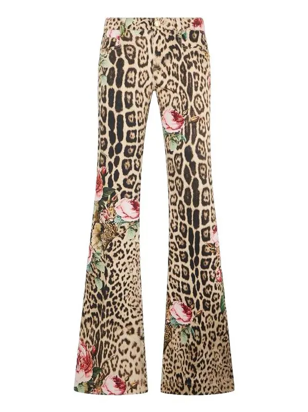 Roberto Cavalli Floral Cheetah-print Low-rise Flare Trousers - Natural