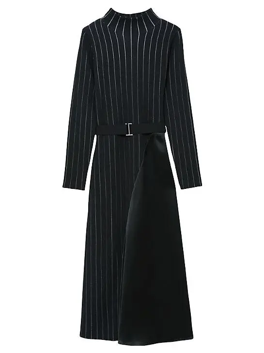 REISS Mia Pinstripe Belted-waist Knitted Midi Dress - Black
