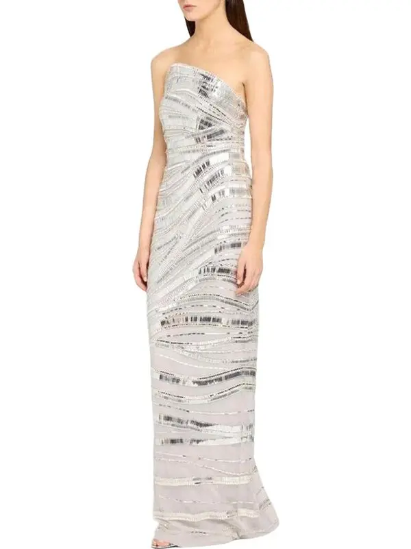 Pamella Roland Wave Beaded Tulle Strapless Column Gown - Silver