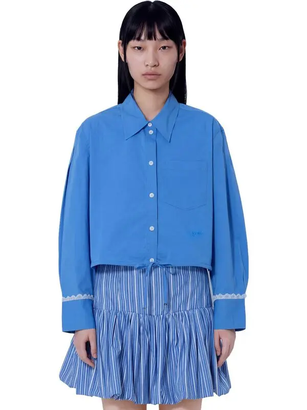 GANNI Stretch Cotton Cropped Bowling Shirt - Blue