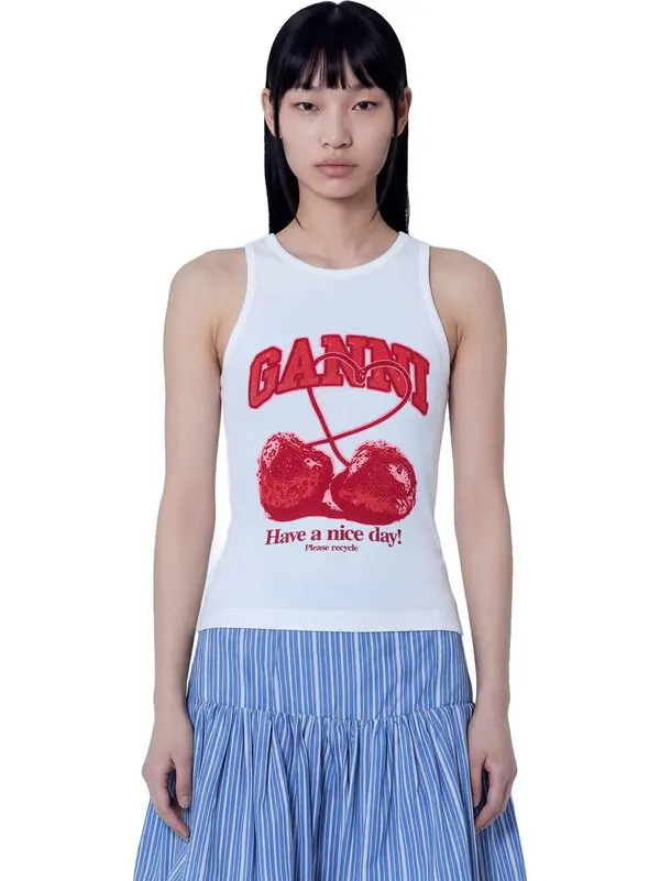 GANNI Compact Rib Jersey Tank Top - White