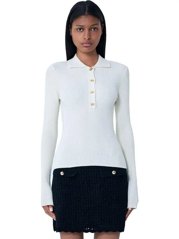 GANNI Sequin Polo Sweater - Cream